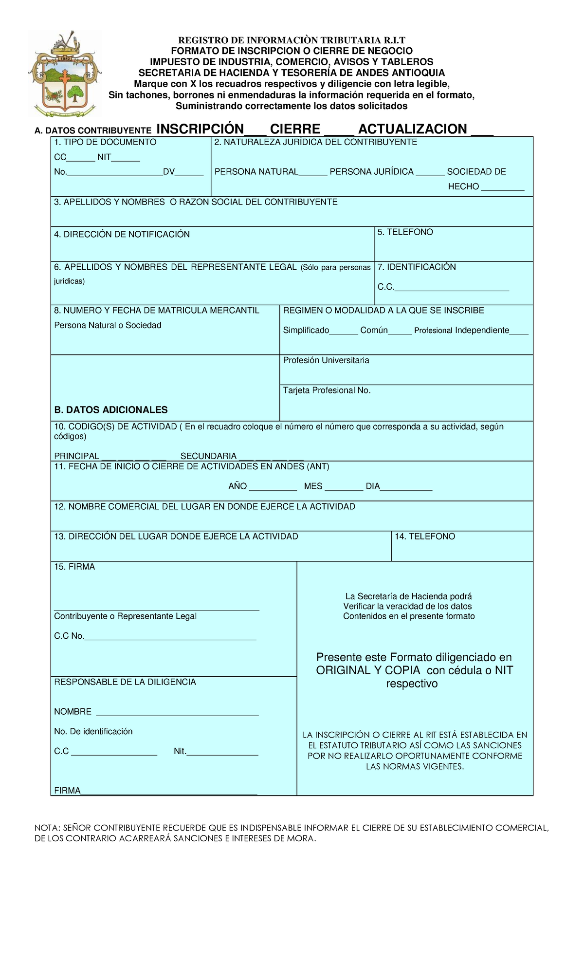 formato rit de andes - REGISTRO DE INFORMACIÒN TRIBUTARIA R.I FORMATO ...