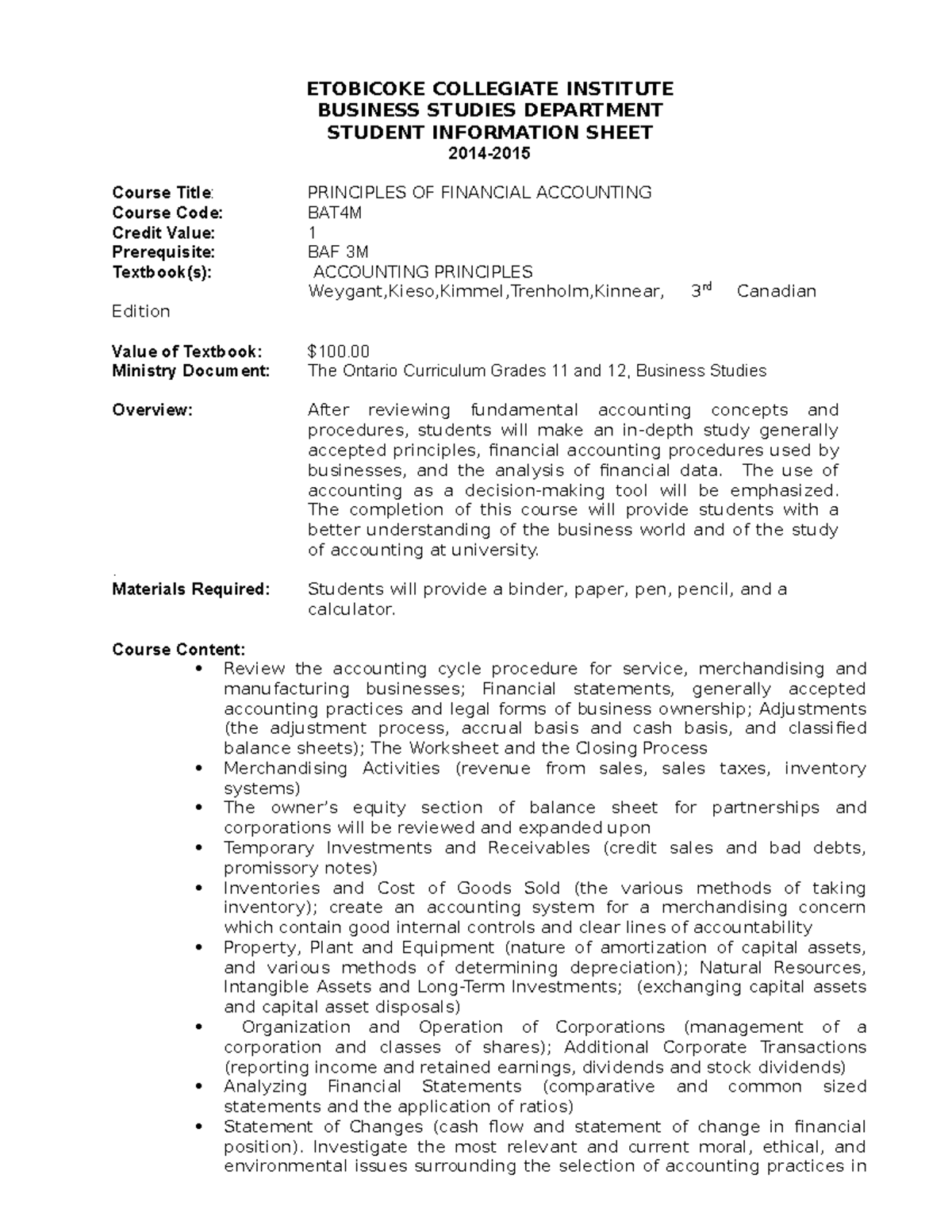 BAT4M Course - ETOBICOKE COLLEGIATE INSTITUTE BUSINESS STUDIES ...
