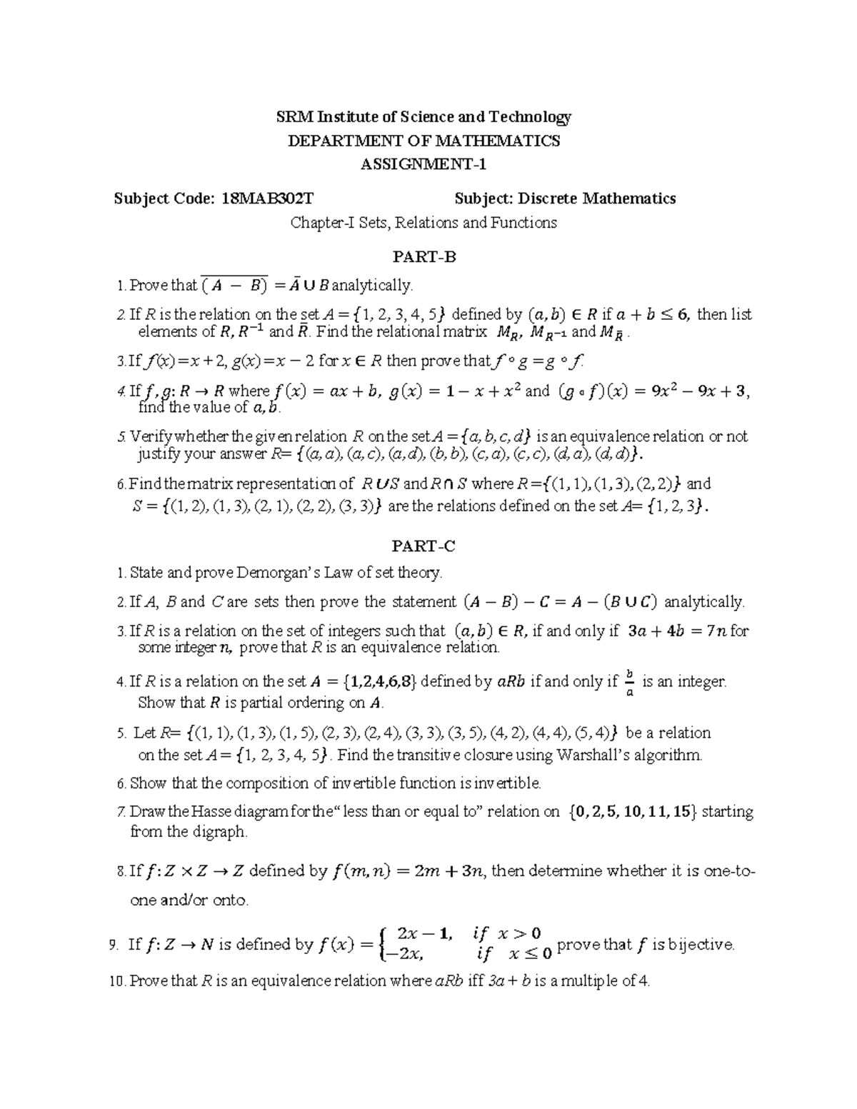 DM-Assignment-1 - Maths Assignment - SRM Institute of Science and Technology DEPARTMENT OF - Studocu