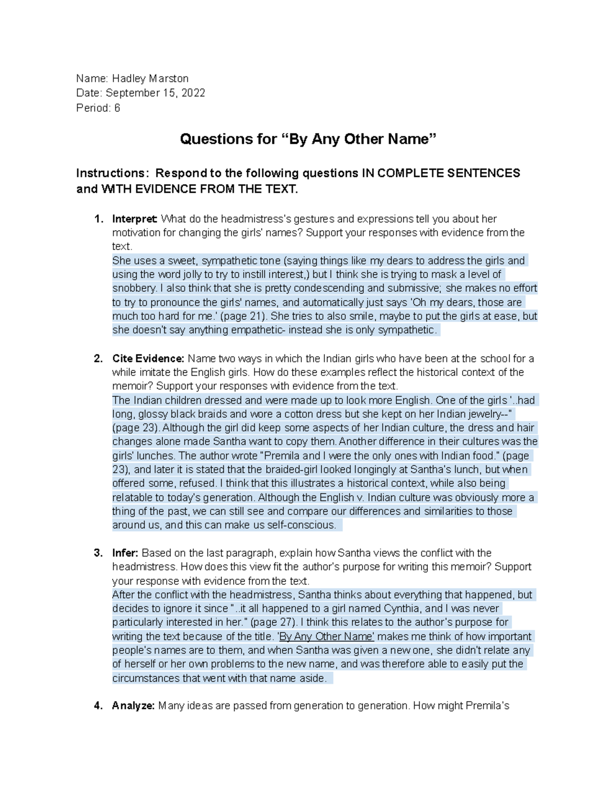 Copy of By Any Other Name Questions INT-2 - Name: Hadley Marston Date ...