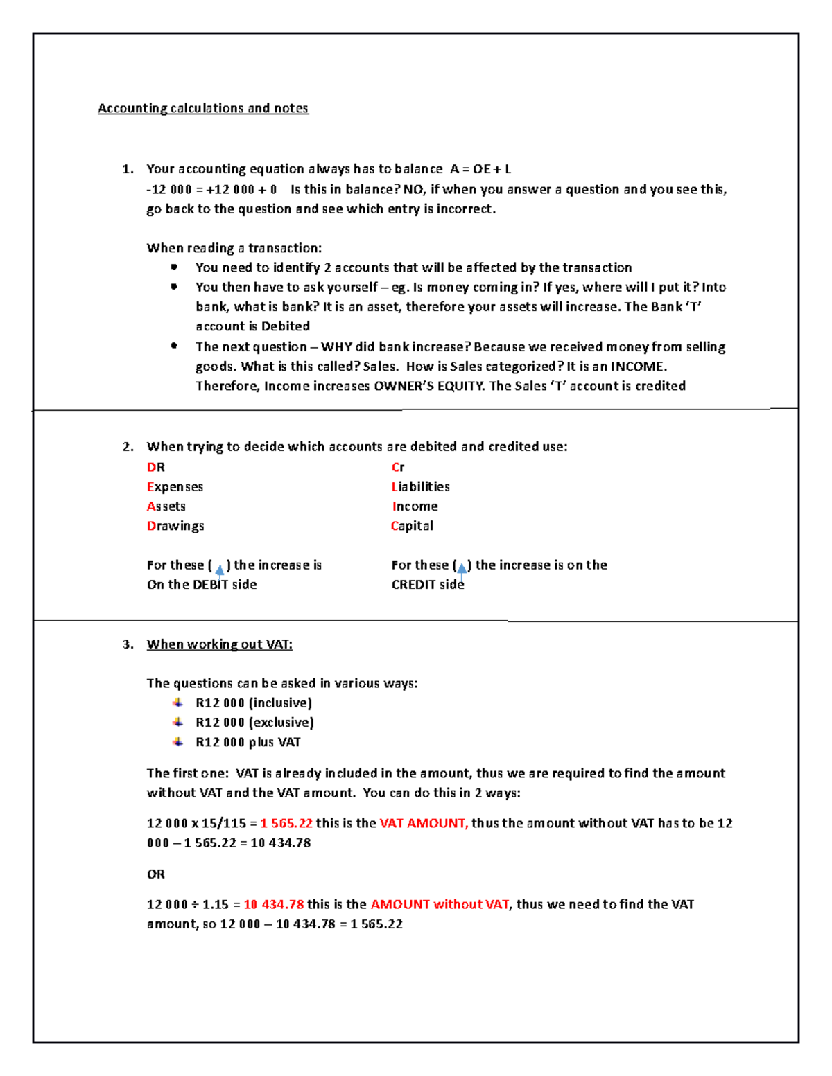 Accounting calculations and notes - Your accounting equation always has ...