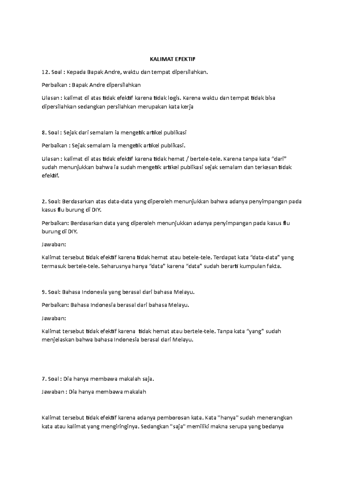 Tugas Kalimat Efektif - KALIMAT EFEKTIF Soal : Kepada Bapak Andre ...