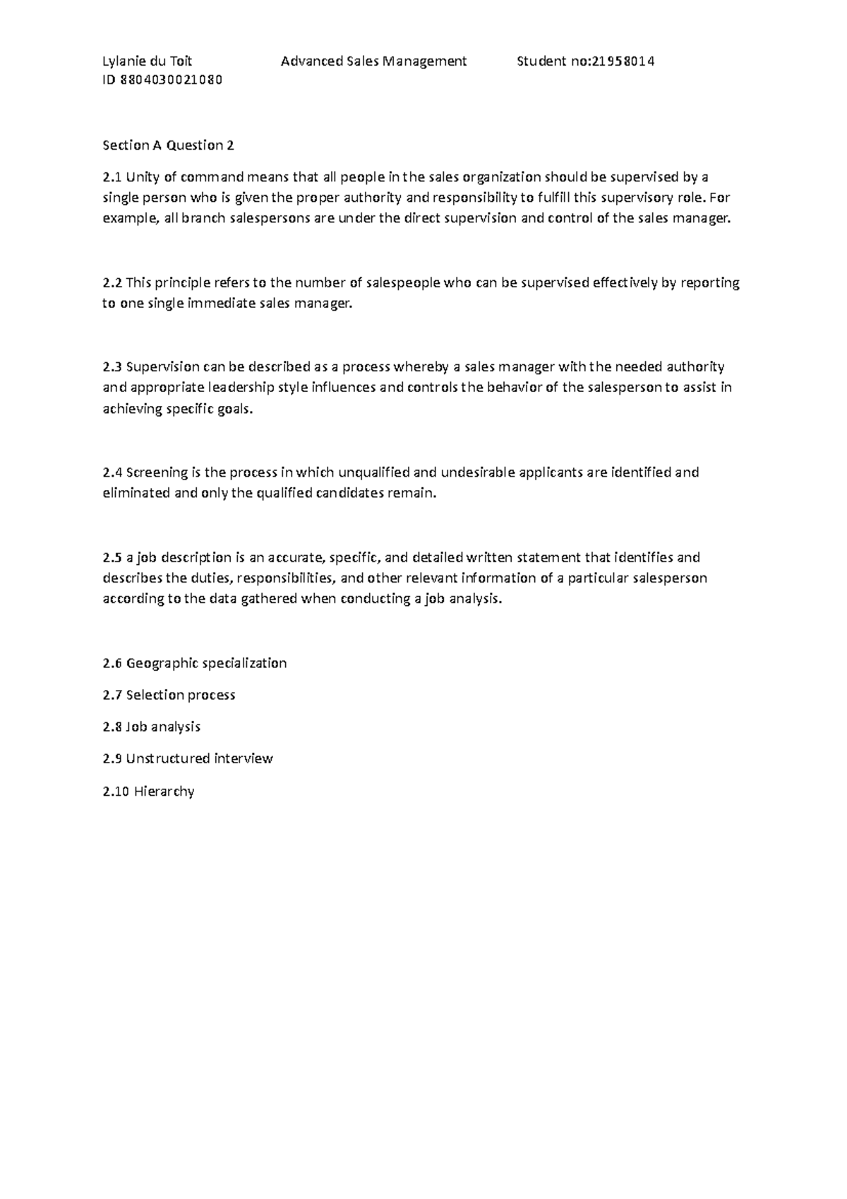Section A Question 2 - Sales Management Assignment 1 - Lylanie du ...