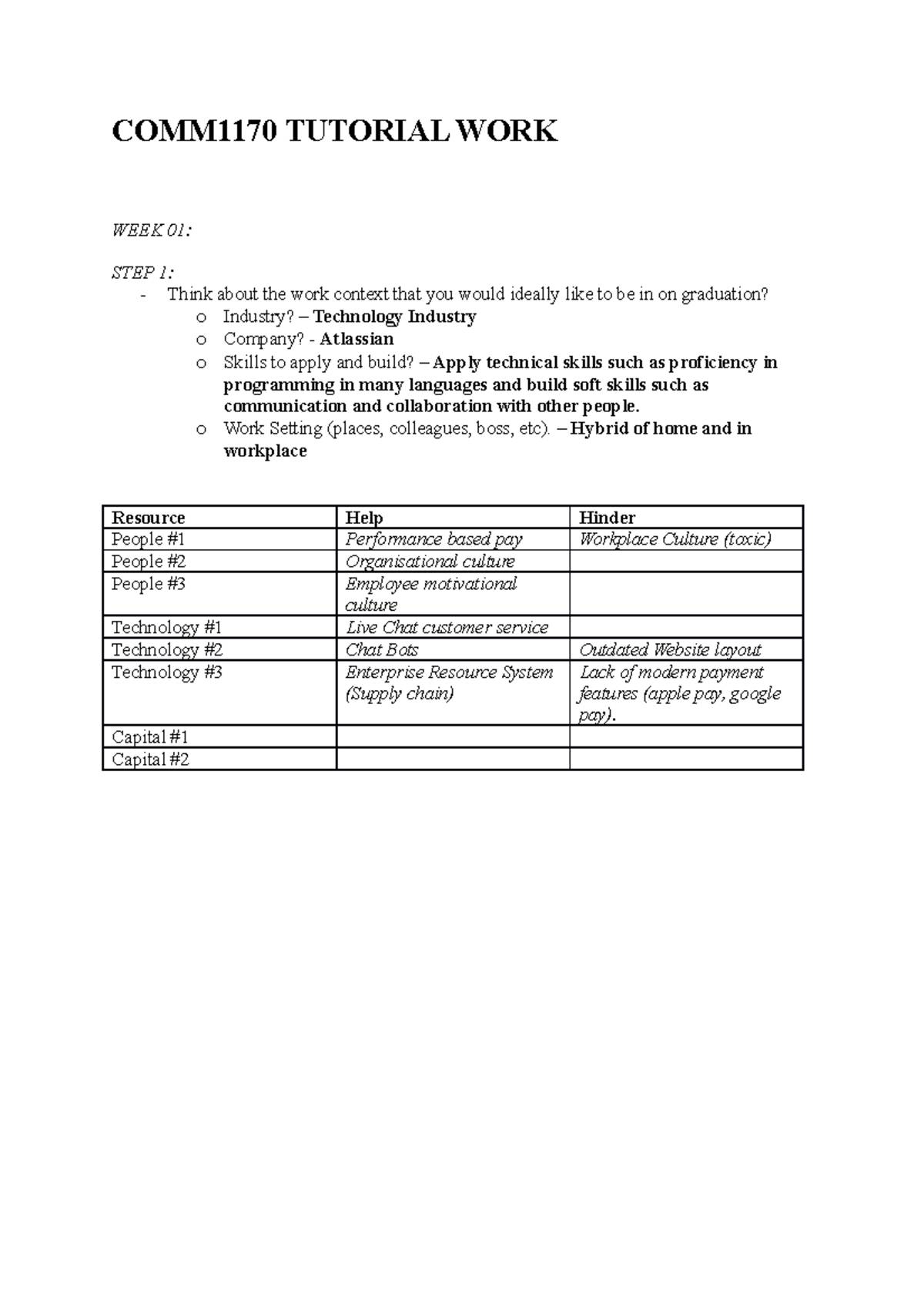 1170 Tut - tut1 work - COMM1170 TUTORIAL WORK WEEK 01: STEP 1: Think about the work context that ...