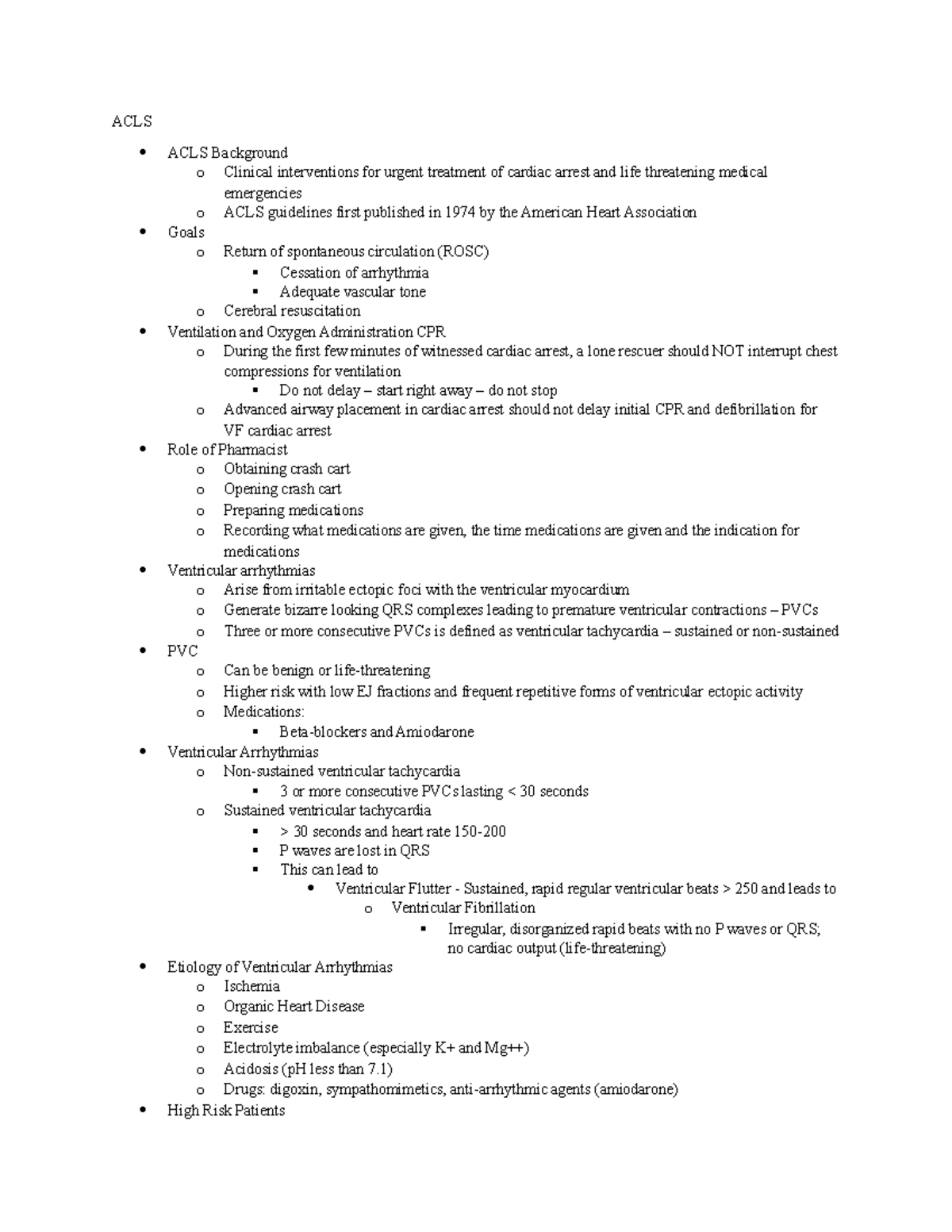 ACLS Smith - notes - ACLS ACLS Background o Clinical interventions for ...