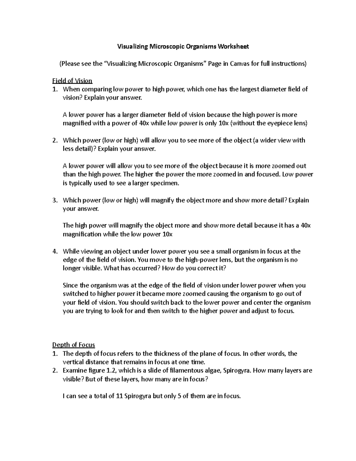 Lab 1 microscopes - keck - Visualizing Microscopic Organisms Worksheet ...