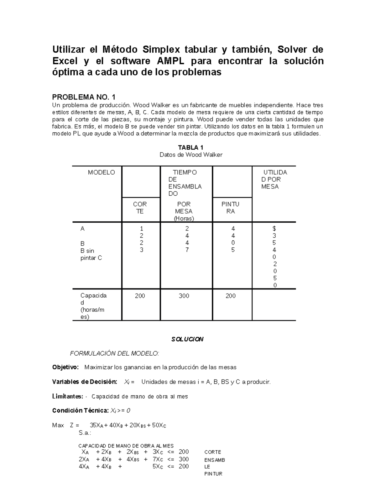 Asignación 3 - asdadad - Utilizar el Método Simplex tabular y también ...