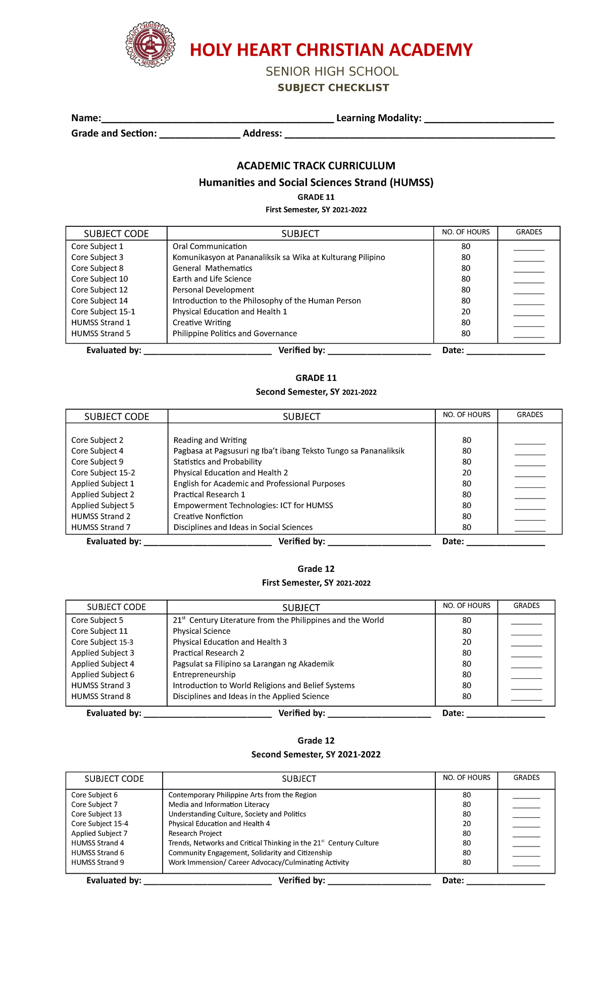 Humss - Okay - HOLY HEART CHRISTIAN ACADEMY SENIOR HIGH SCHOOL SUBJECT ...