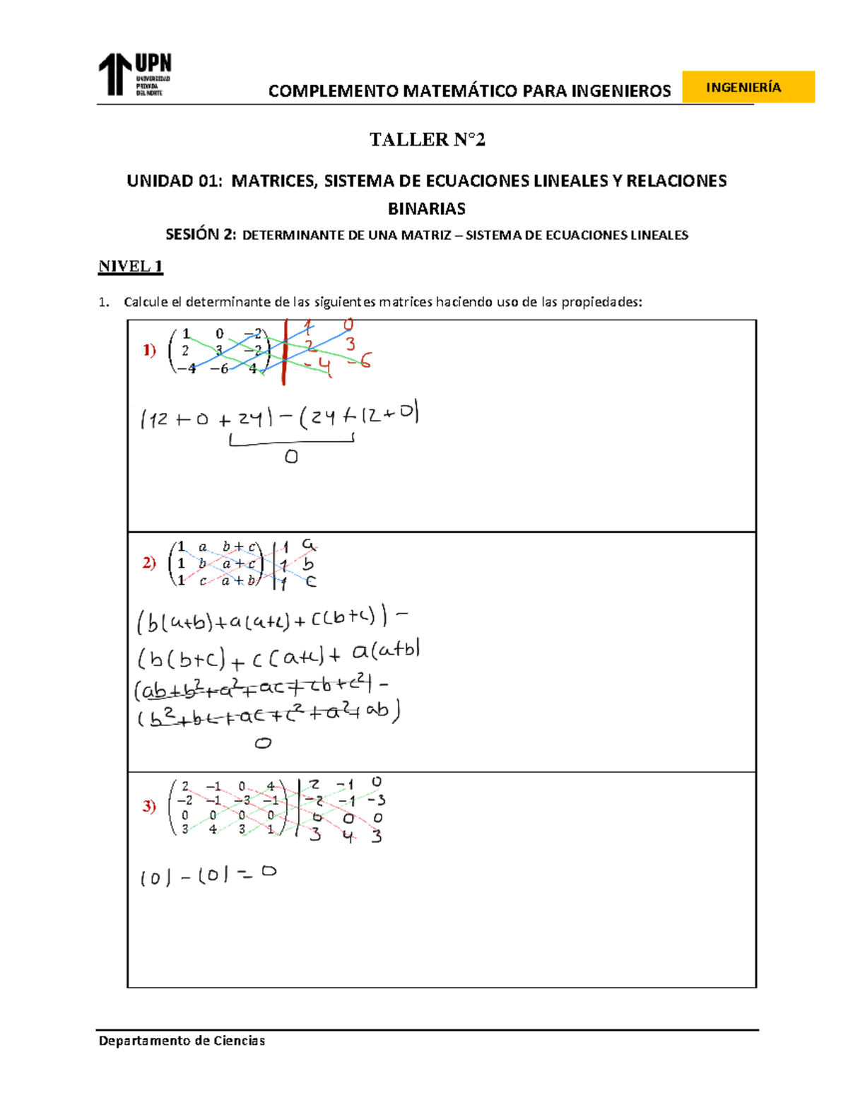 HT Practica S2 2023-1 - COMPLEMENTO MATEMÁTICO PARA INGENIEROS TALLER N° 2 UNIDAD 01 : MATRICES ...