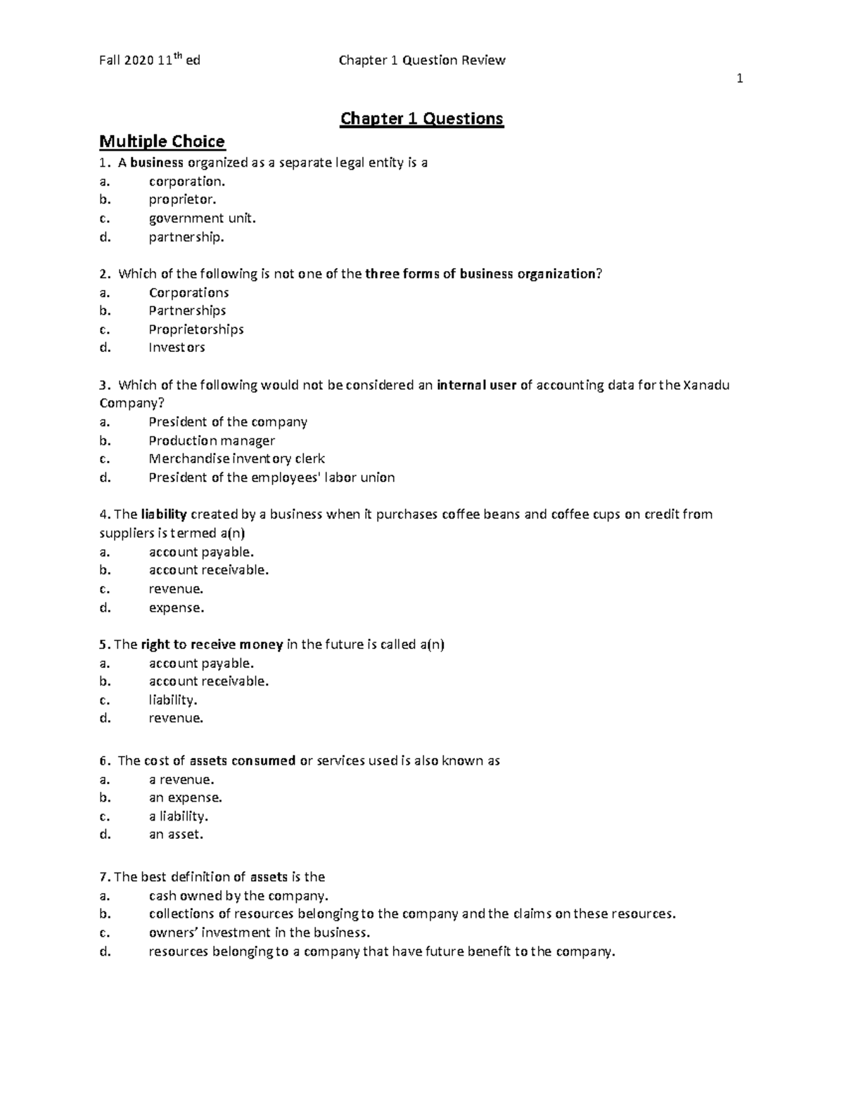 Chapter 1 Question Review Updated 11th ed-2 - th 1 Fall 2020 11 ed ...
