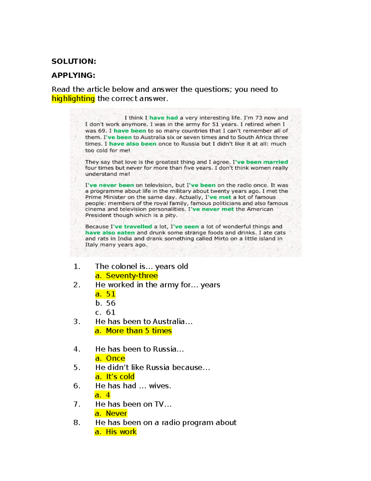 Solution WEEK 14 - ingles - SOLUTION: APPLYING: Read the article below ...