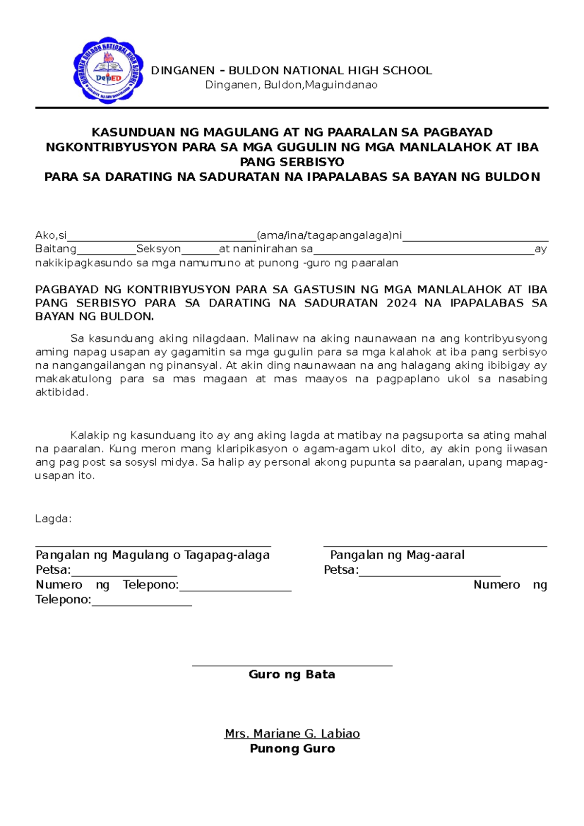 Agreement - DINGANEN – BULDON NATIONAL HIGH SCHOOL Dinganen, Buldon ...