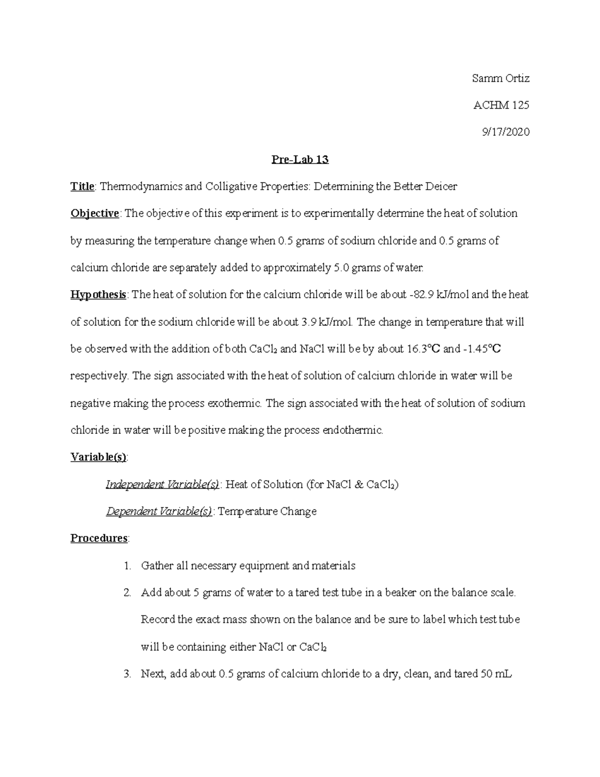 Chem Lab 13 - Gen Chem Lab 2 - Semester Length Course - Samm Ortiz ACHM ...