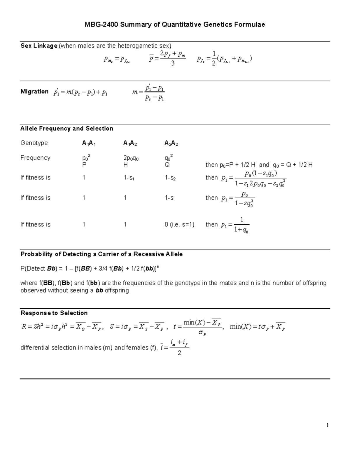 MBG2400 - Formula Sheet - MBG-2400 Summary of Quantitative Genetics ...