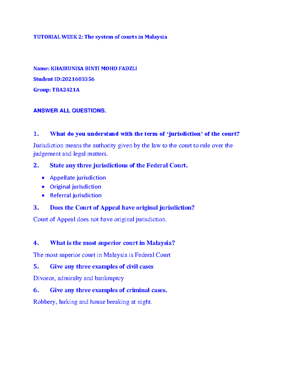 Tutorial Questions - TUTORIAL WEEK 2: The system of courts in Malaysia ...