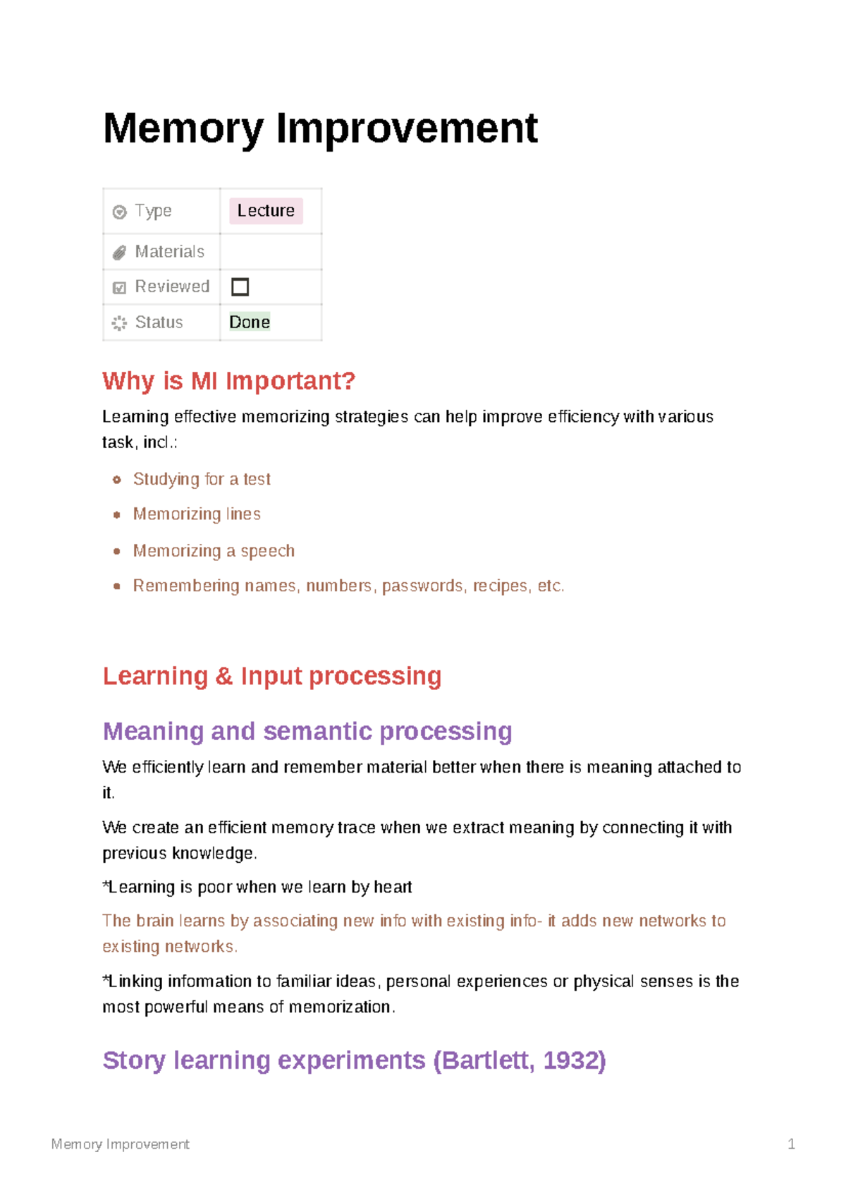 memory improvement - Memory Improvement Type Lecture Materials Reviewed ...