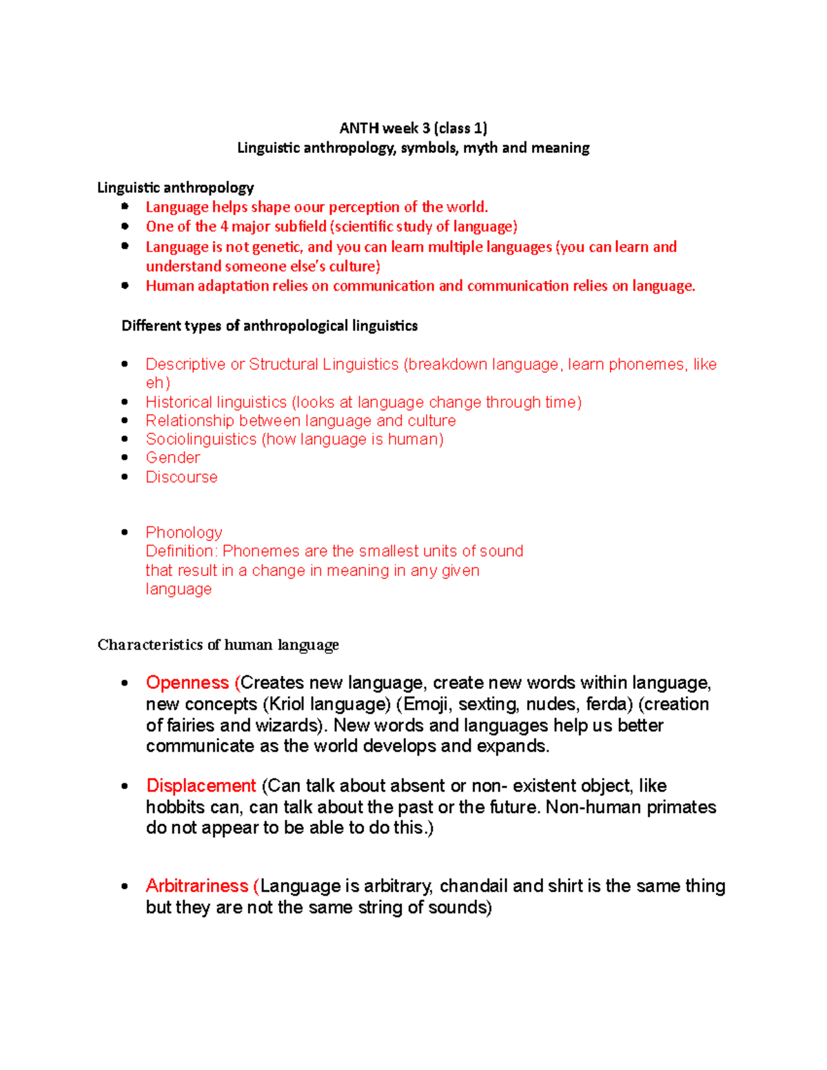 Anth Week 3 1 Lecture Notes Anth Week 3 Class 1 Linguistic Anthropology Symbols Myth