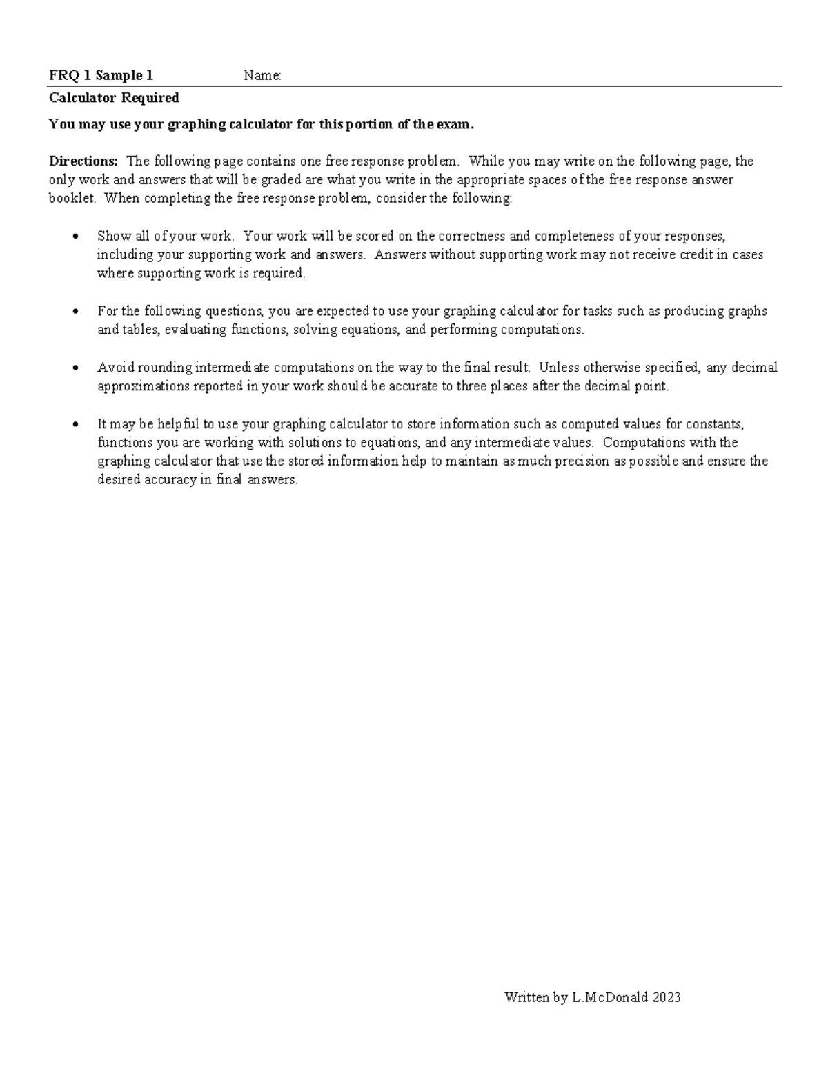 FRQ 1 Sample (Answer) - Studocu