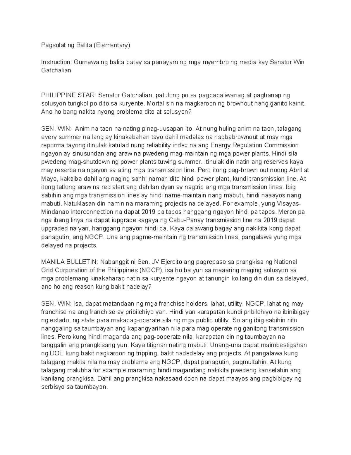 Newswriting-Filipino-3 - Pagsulat ng Balita (Elementary) Instruction: Gumawa ng balita batay sa ...