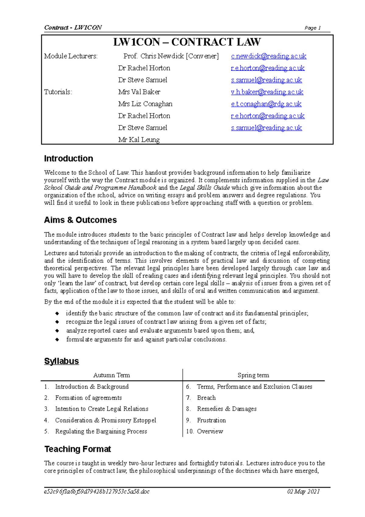 1 Wecome TO Contract - Contract - LW1CON Page 1 LW1CON – CONTRACT LAW ...