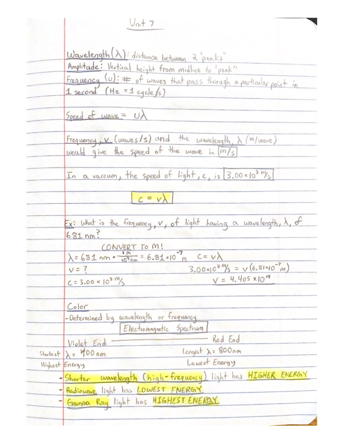 Vaccum, the Speed - Chem Unit 7 Review - Unit 7 Wavelength (x) distance ...
