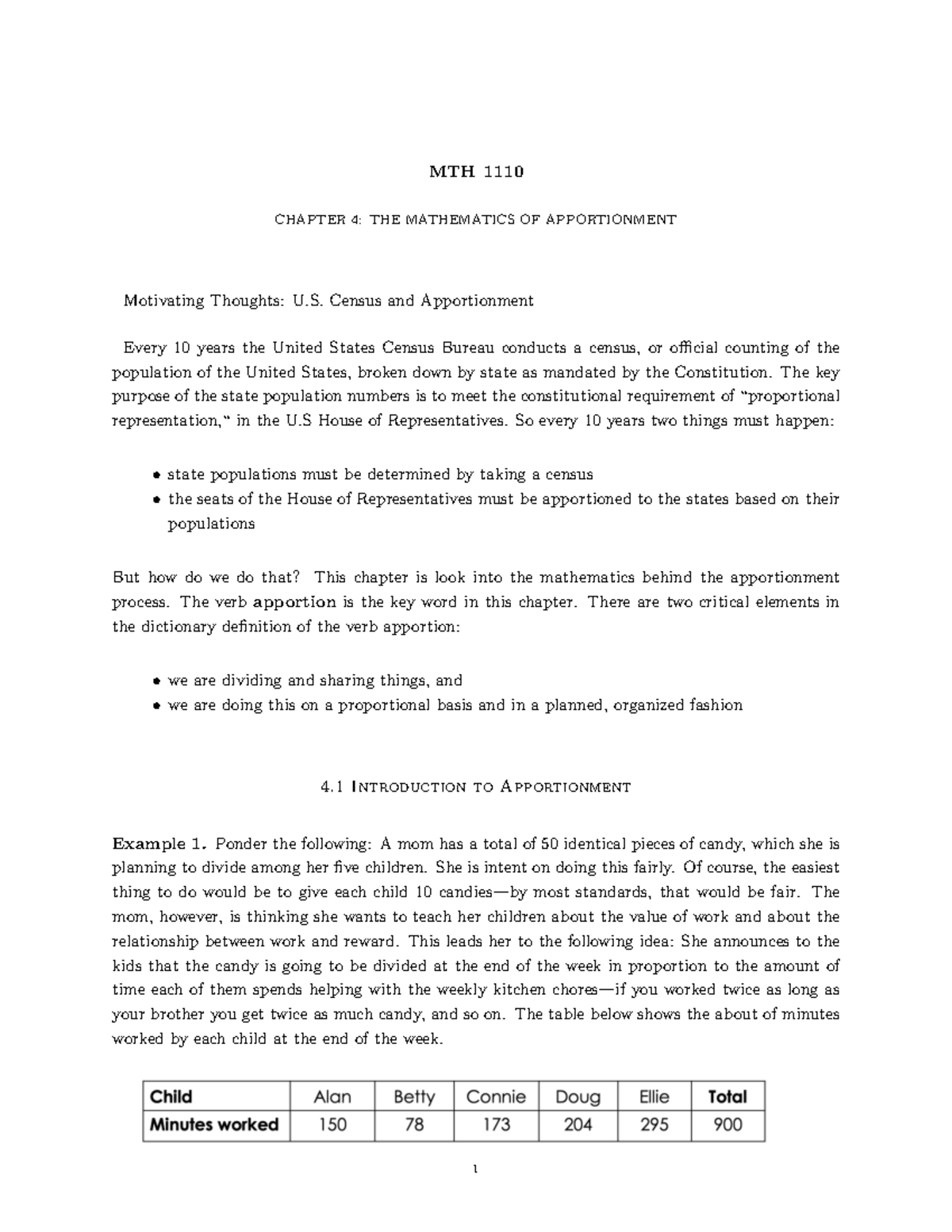 Ch 4.1-2 Apportionment - hamilton - MTH 1110 ####### CHAPTER 4: THE MATHEMATICS OF APPORTIONMENT ...