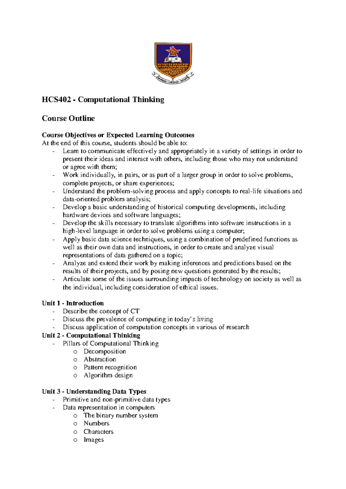 Computational Thinking Course Outline - HCS402 - Computational Thinking ...