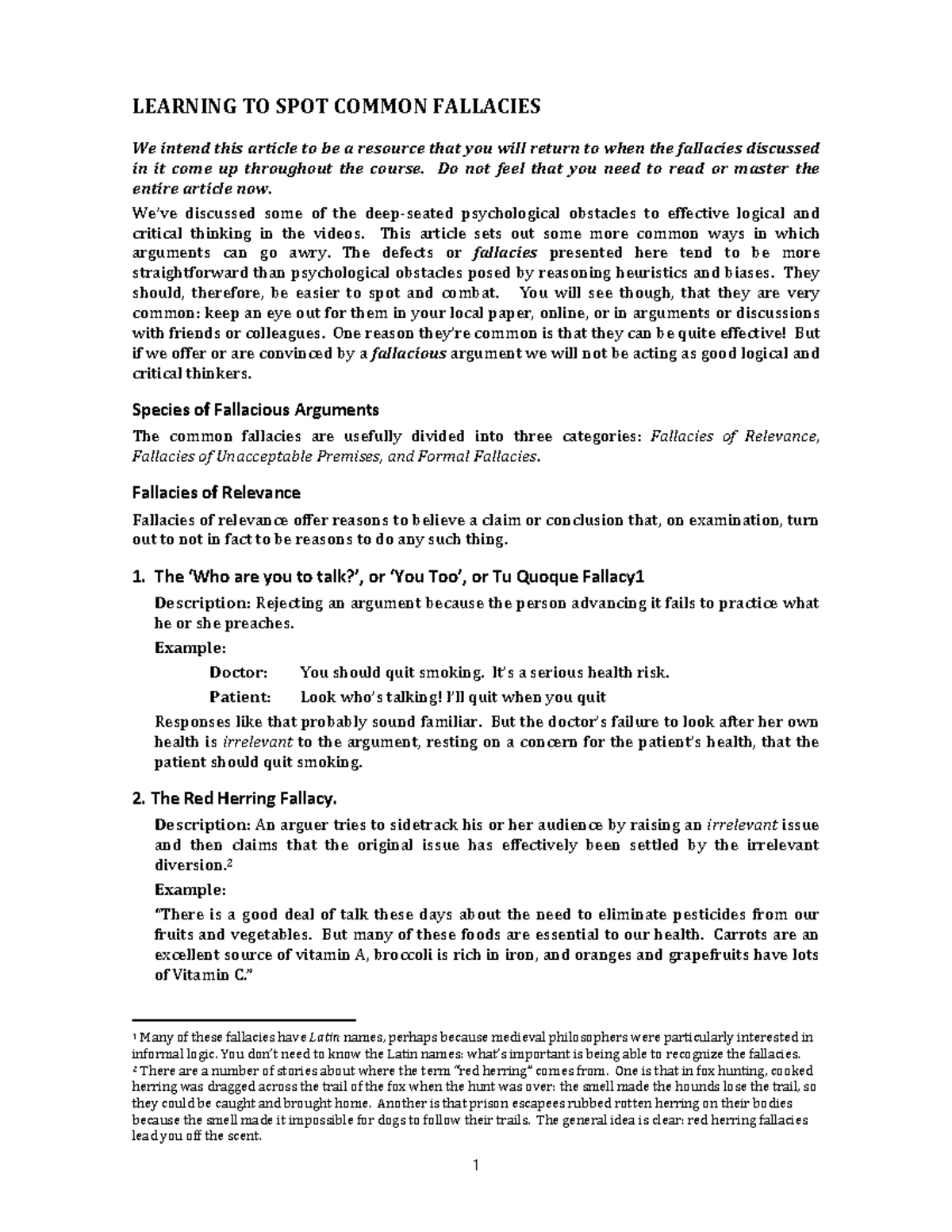 Learning to Spot Fallacies October 1 - LEARNING TO SPOT COMMON ...