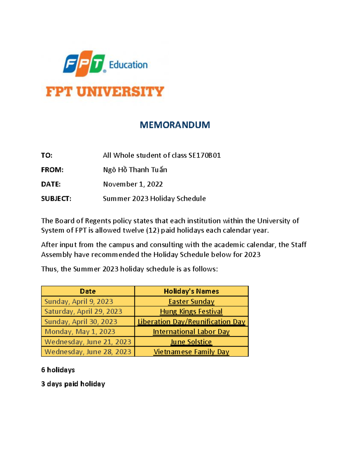 Memorandum - MEMORANDUM TO: All Whole student of class SE170B FROM: Ngô ...