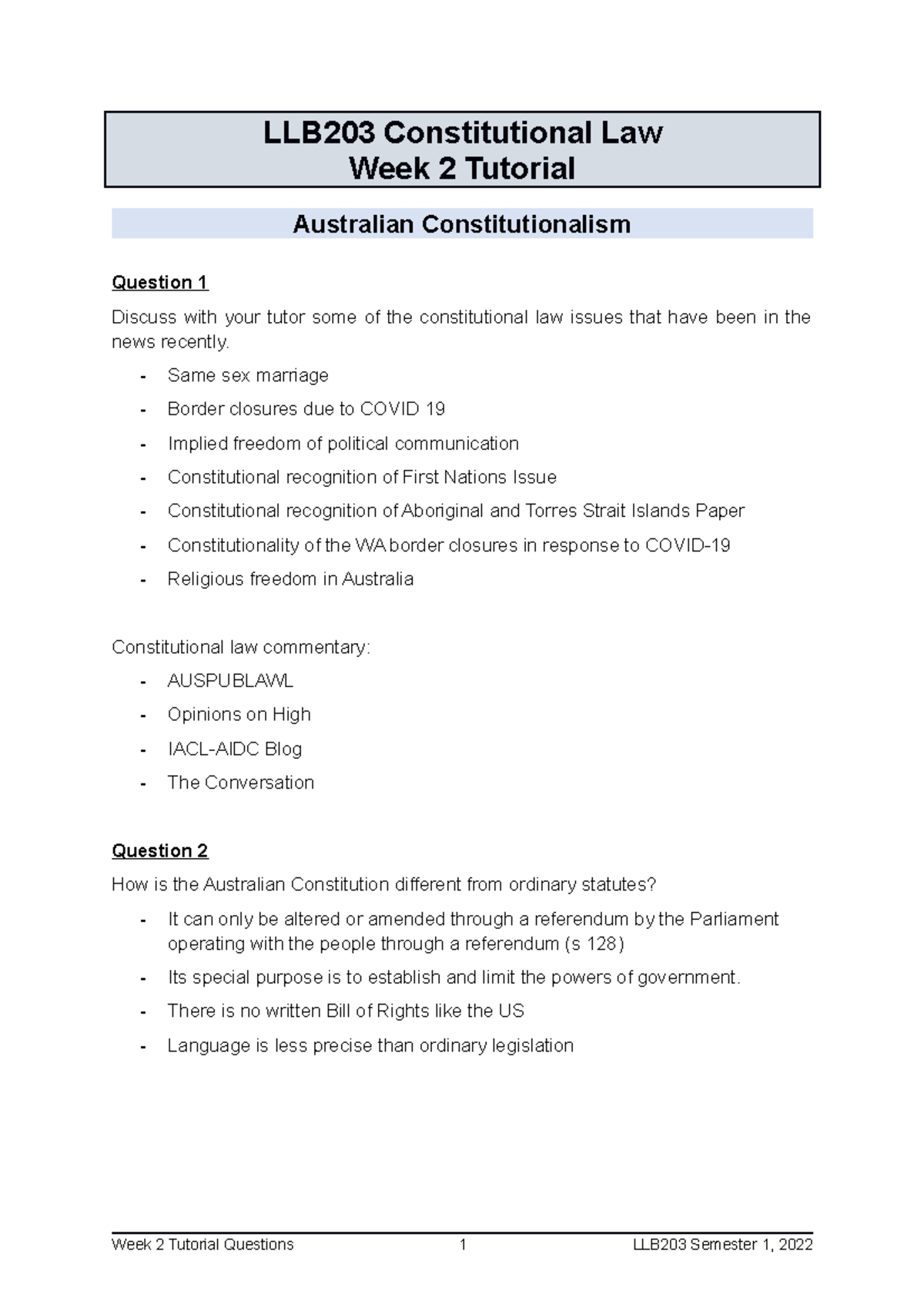 LLB203 Week 2 Tutorial 1 Australian Constitutionalism - LLB203 ...