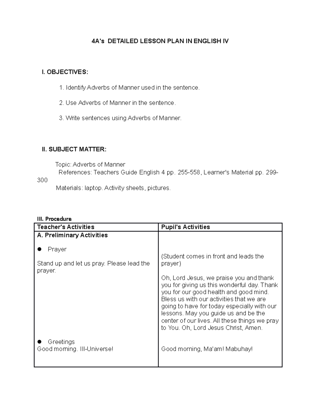 English lesson plan - Maria amore - 4A's DETAILED LESSON PLAN IN ...