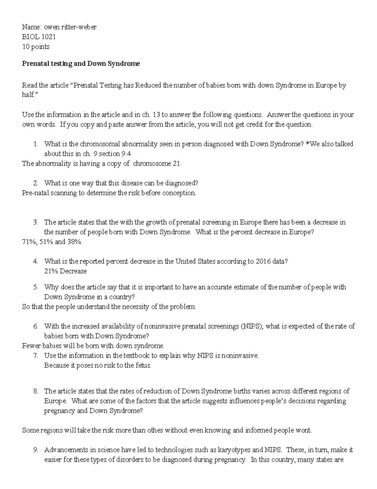CH. 13 Prenatal testing and Down syndrome worksheet - Name: owen ritter ...