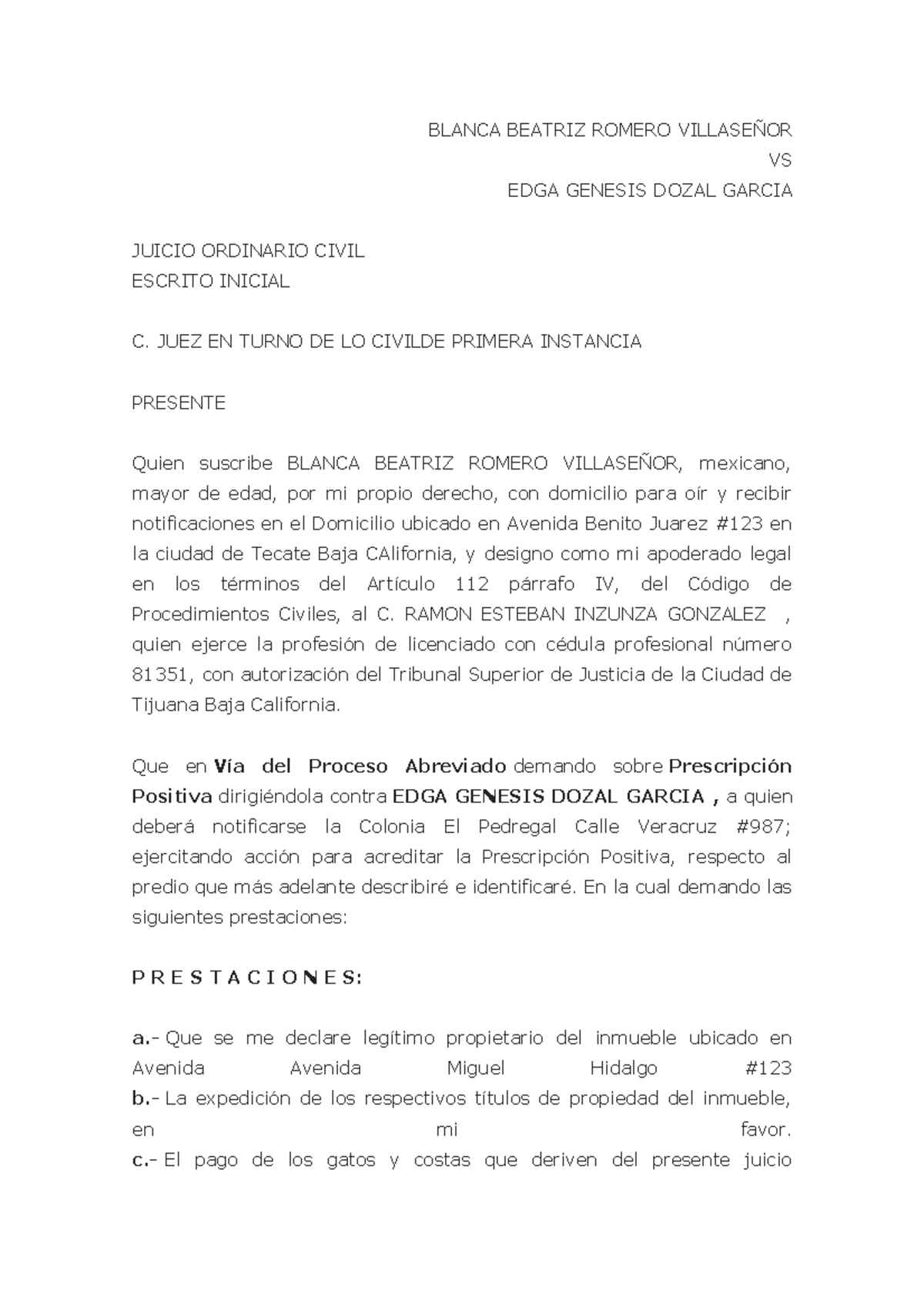 Prescripcion - demandas civiles - BLANCA BEATRIZ ROMERO VILLASEÑOR VS ...