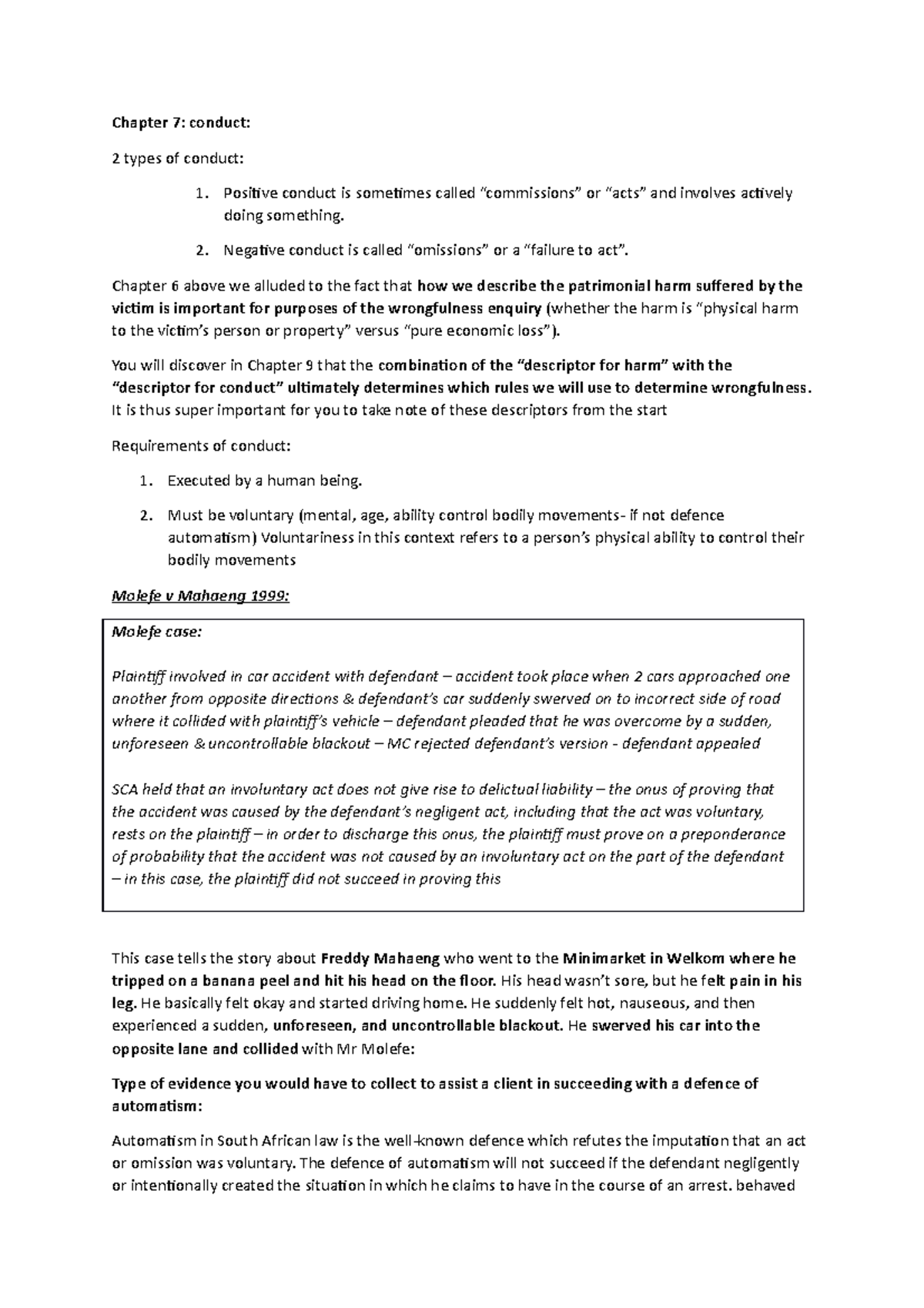 Topic 7 - Extensive notes on Critical Delict including case summaries ...