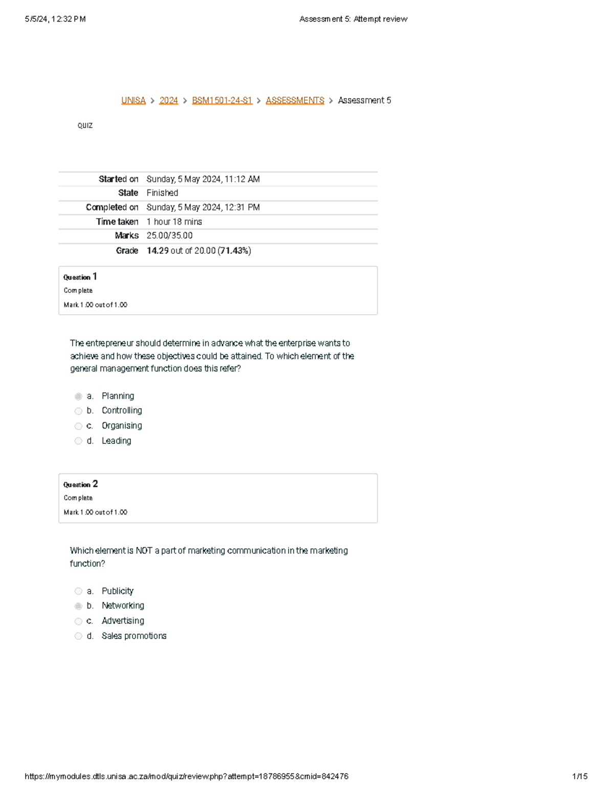 Assessment 5 Attempt review - UNISA 2024 BSM1501-24-S1 ASSESSMENTS ...