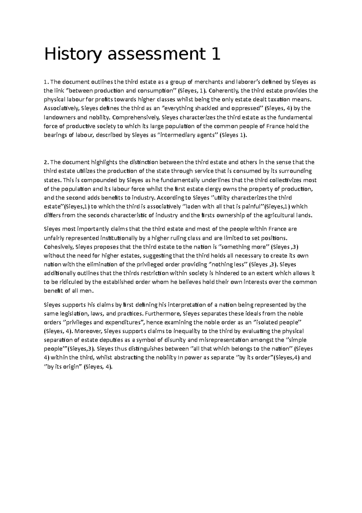 History assessment sieyes - History assessment 1 The document outlines ...