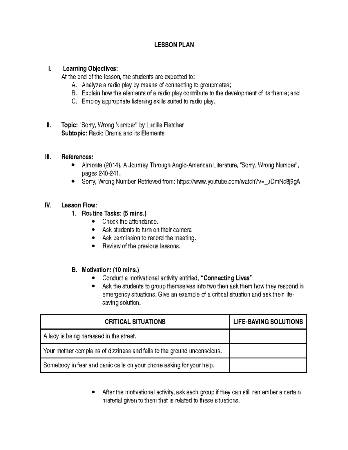 Gloria - LESSON PLAN I. Learning Objectives: At the end of the lesson ...