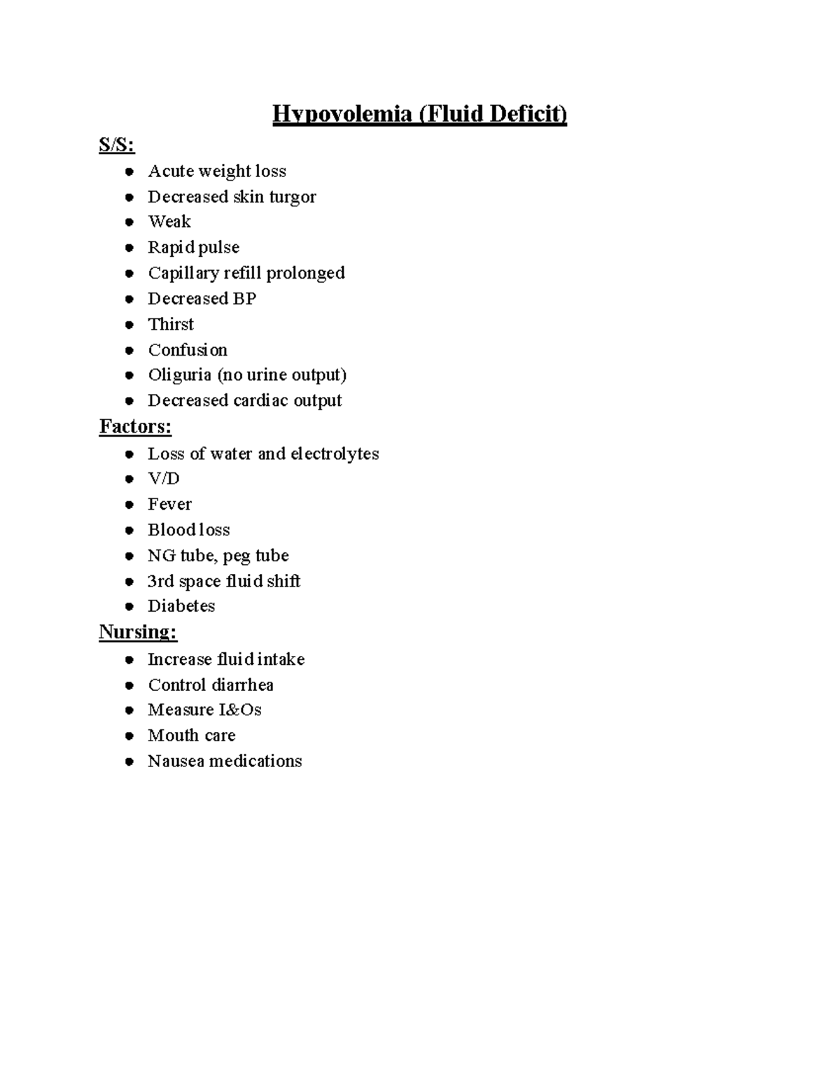 Electrolytes study sheet - Hypovolemia (Fluid Deficit) S/S: Acute ...