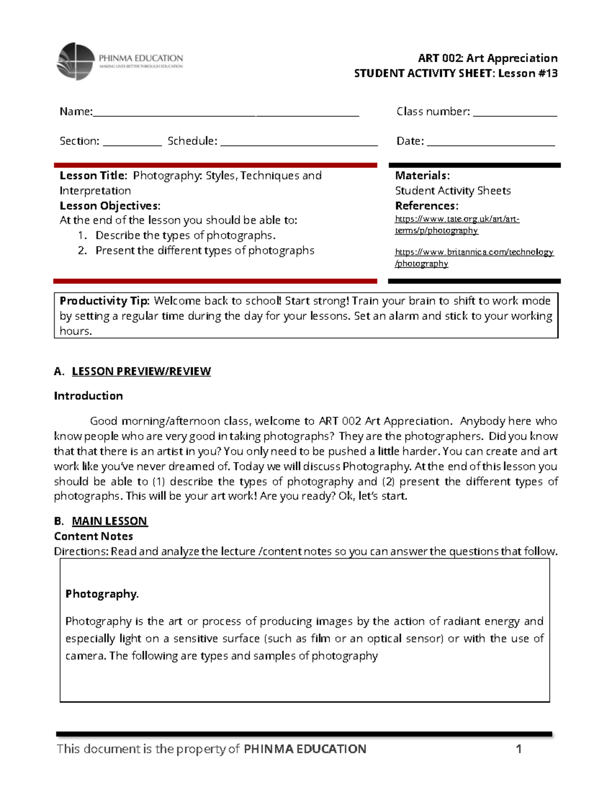 ART 002- Lesson 13 SAS - Education - STUDENT ACTIVITY SHEET: Lesson ...