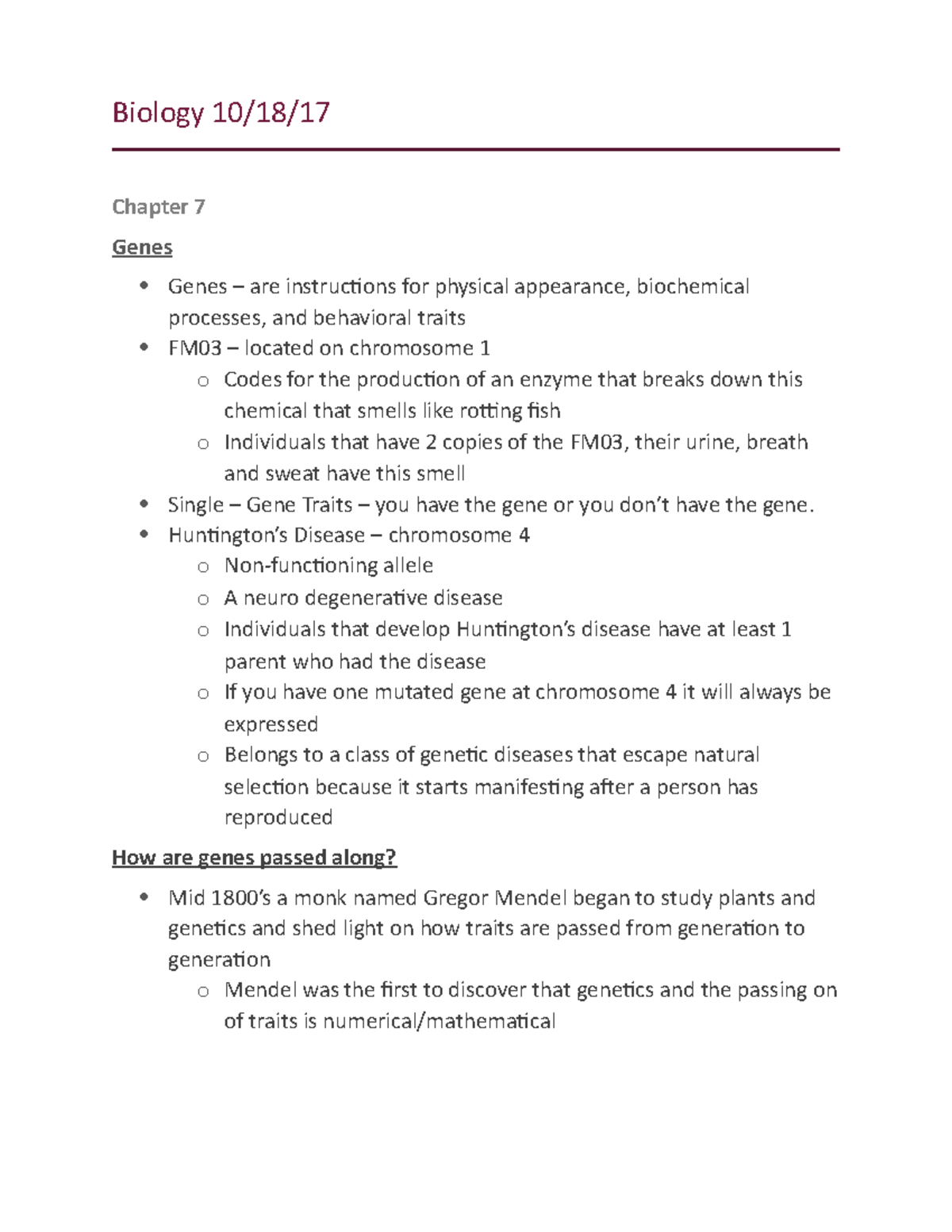 Biology 10:18 - Genes - Biology 10/18/17 Chapter 7 Genes Genes – are ...