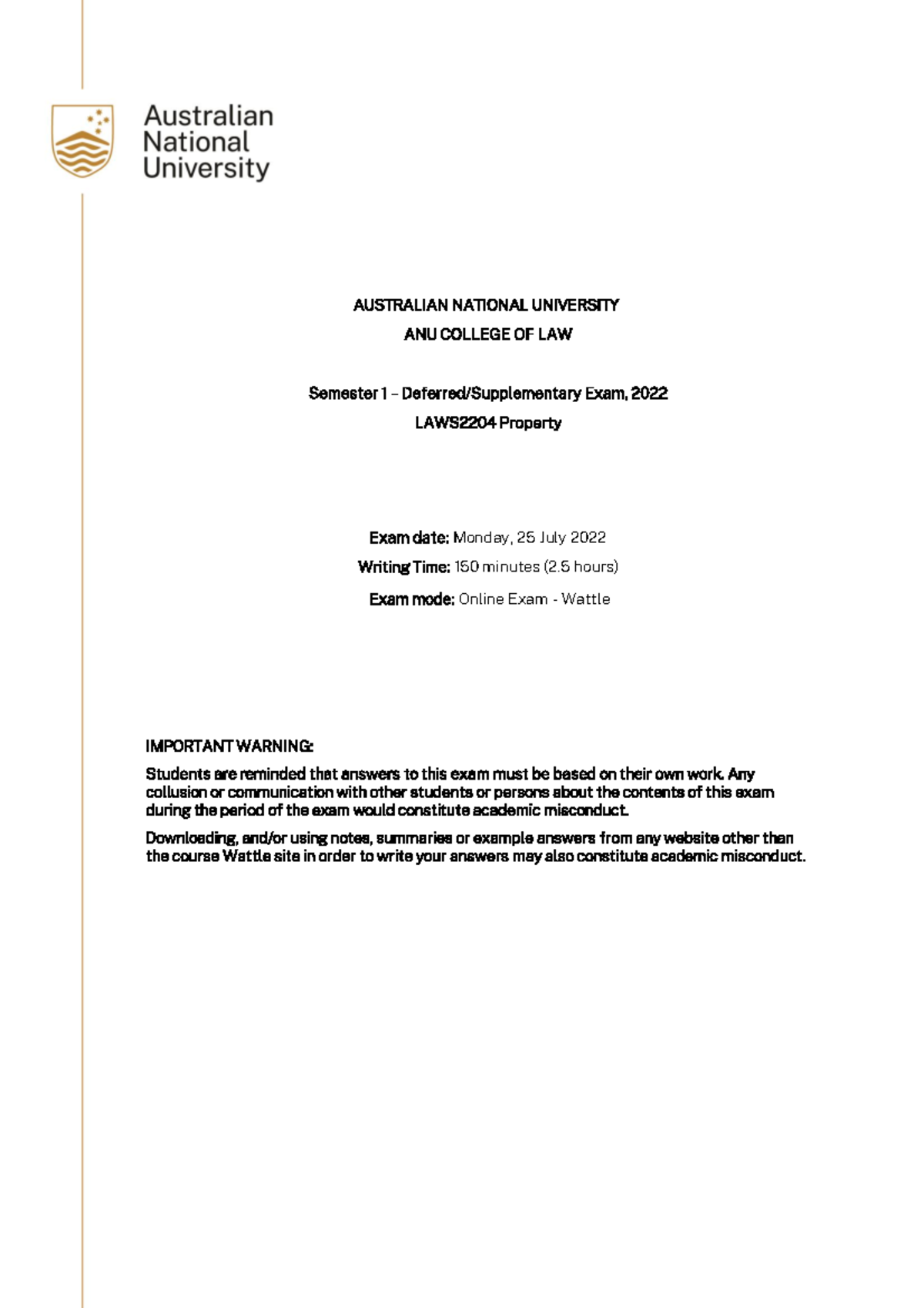 Property Exam Paper - AUSTRALIAN NATIONAL UNIVERSITY ANU COLLEGE OF LAW ...