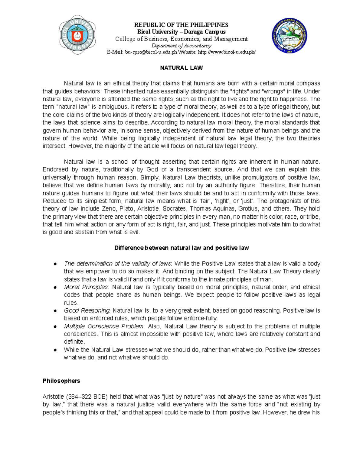 Natural Law and Divine Command Theory Written Report - Bicol University ...