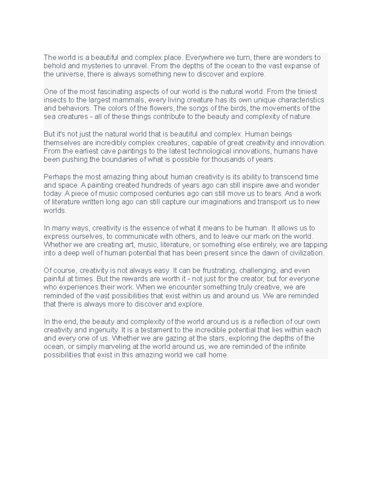 The world- creative writing essay - The world is a beautiful and ...