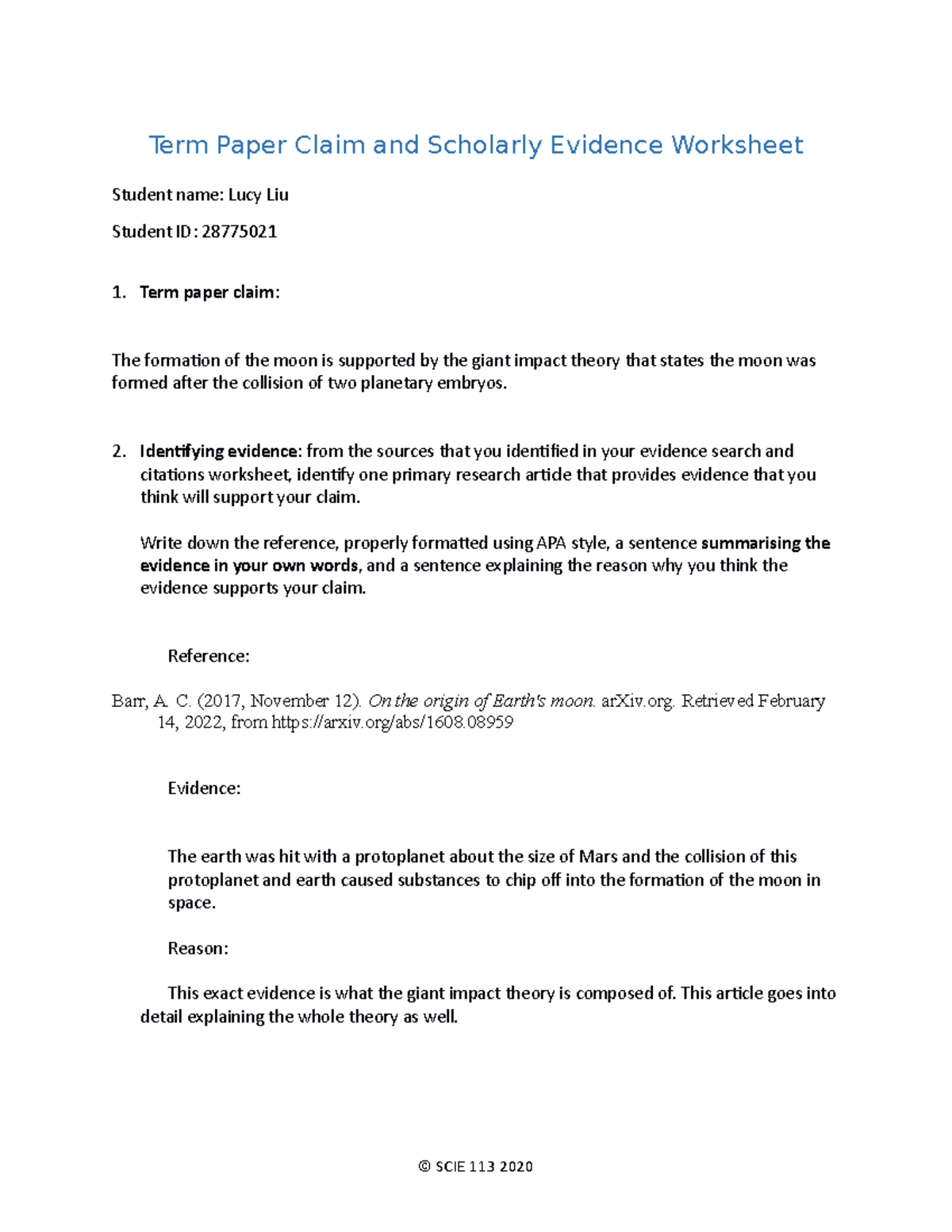 Worksheet Term Paper Claimand Scholarly Evidence 2020W1 - Term Paper ...