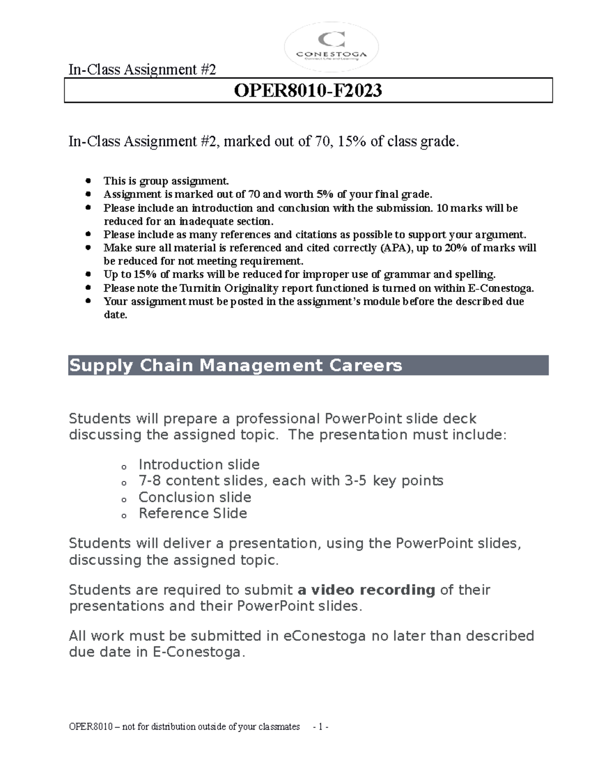 OPER8010 - In-Class Assignment 2 - F2023 - In-Class Assignment OPER8010-F In-Class Assignment #2 ...