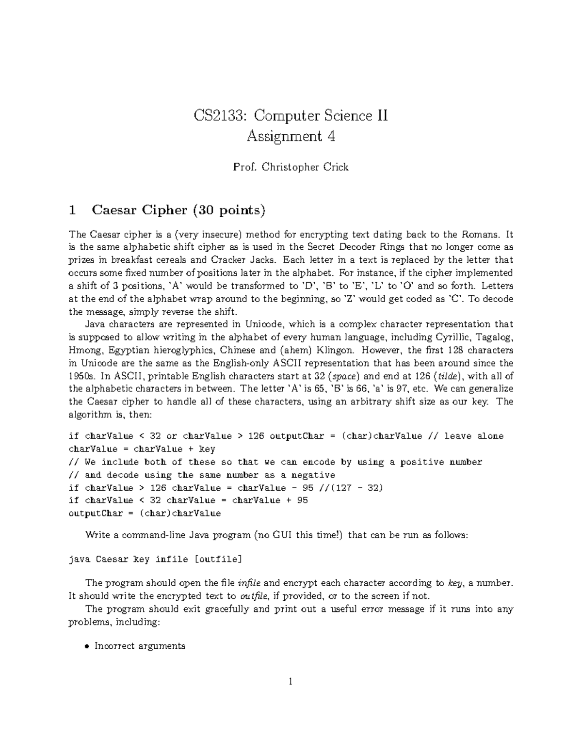 Assignment 4 Cs2 Cs2133 Computer Science Ii Assignment 4 Prof Christopher Crick 1 Caesar 7510