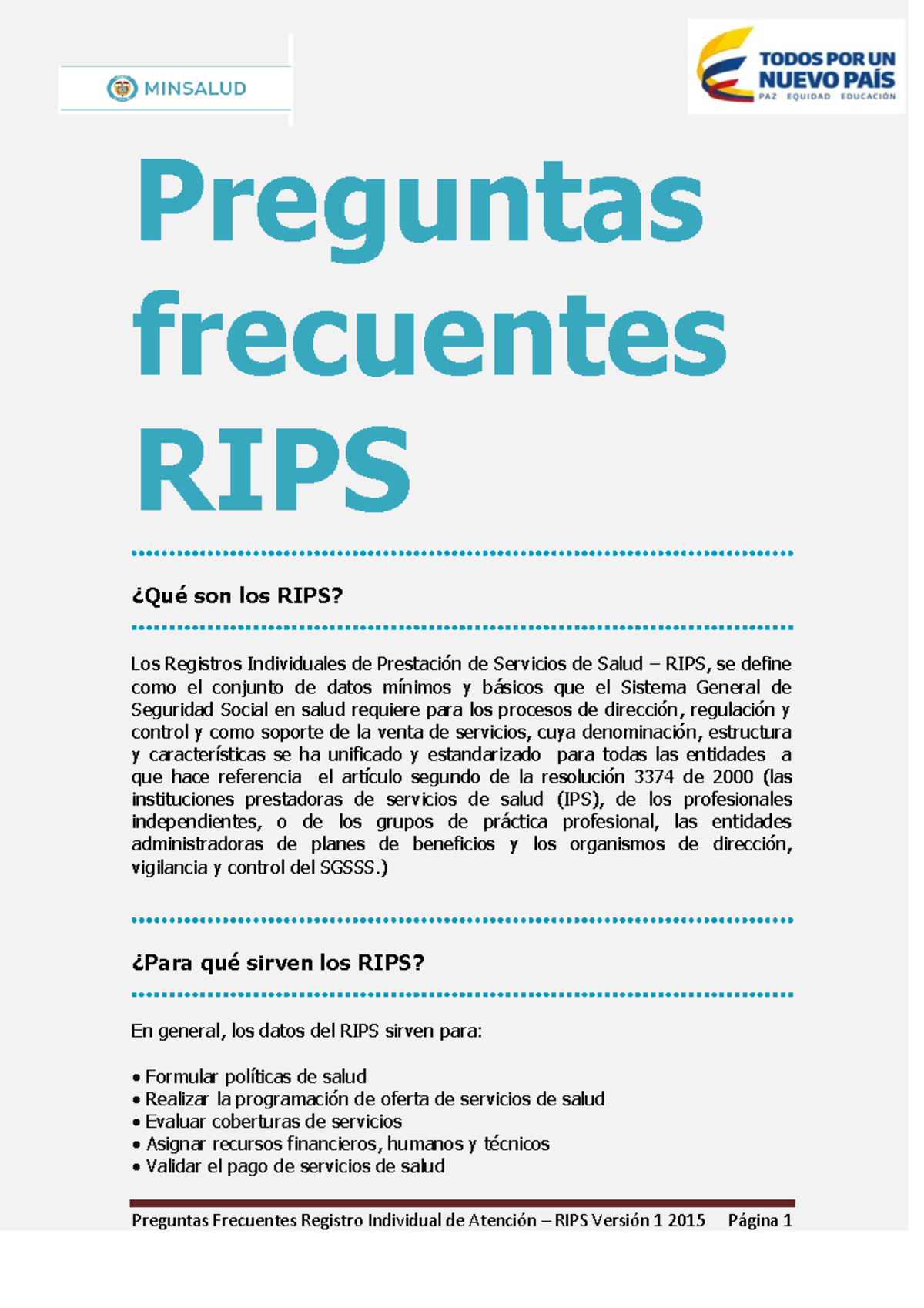 Cartilla Preguntas Frecuentes RIPS SALUD Preguntas Frecuentes RIPS