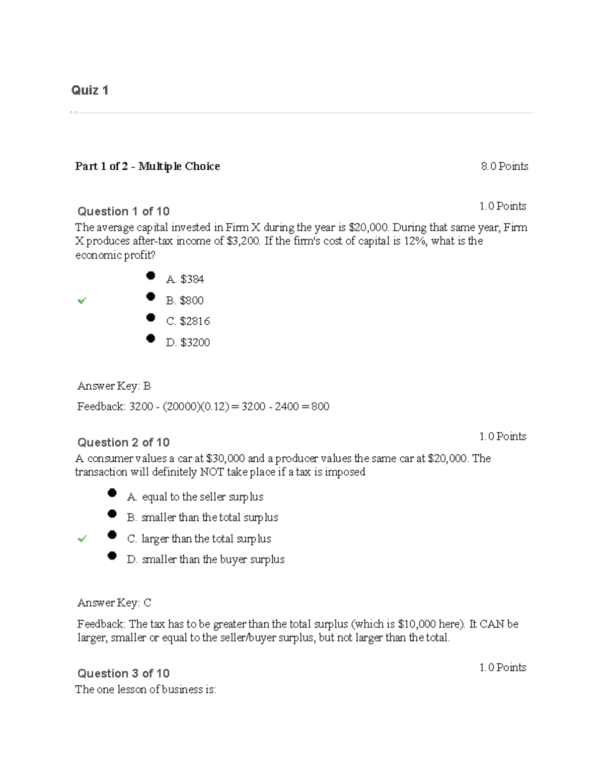 Econ quizes - Quizzes - Quiz 1 Return to Assessment List Part 1 of 2 ...