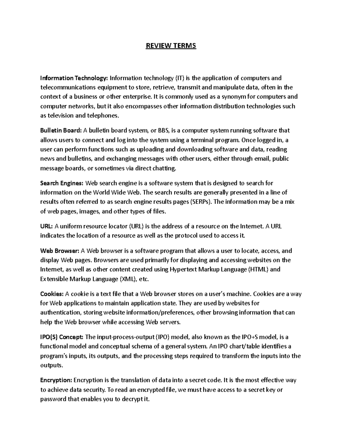 Review Terms - REVIEW TERMS Information Technology: Information technology (IT) is the ...