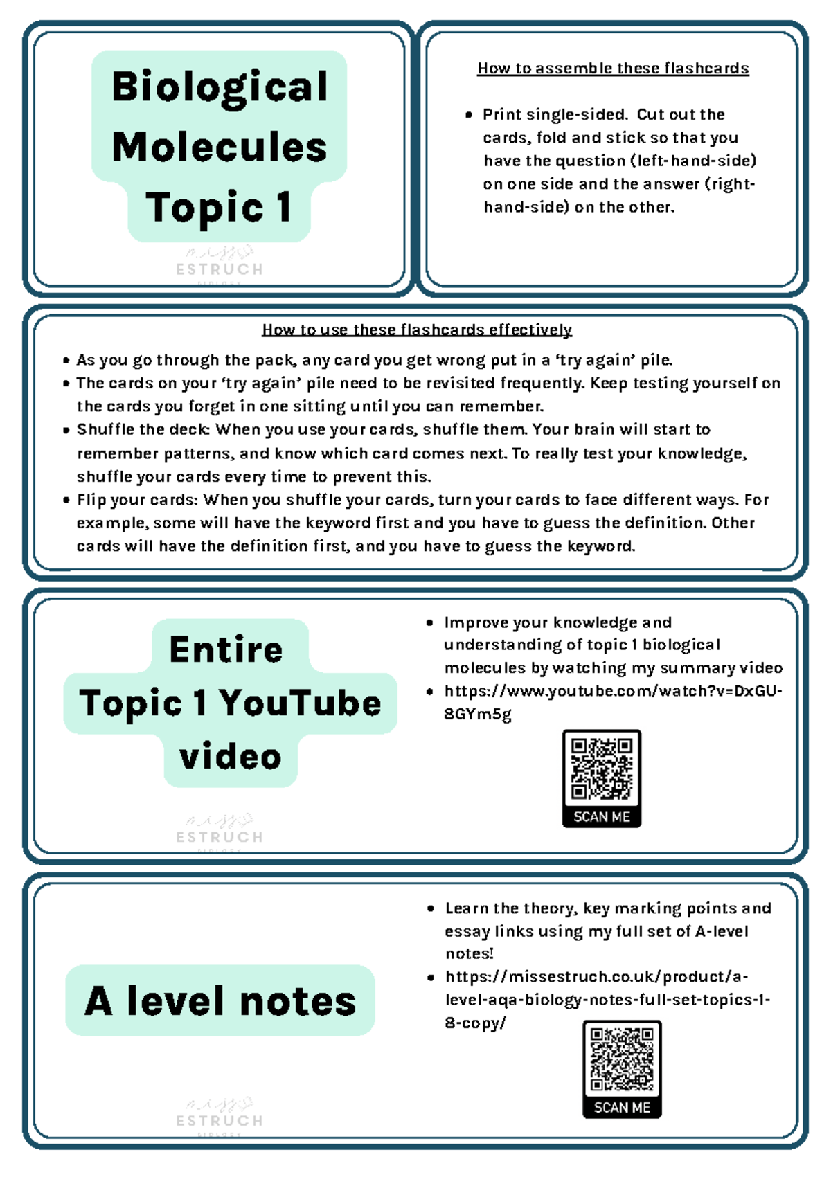Topic 1 - bio - Biological Molecules Topic 1 Print single-sided. Cut ...